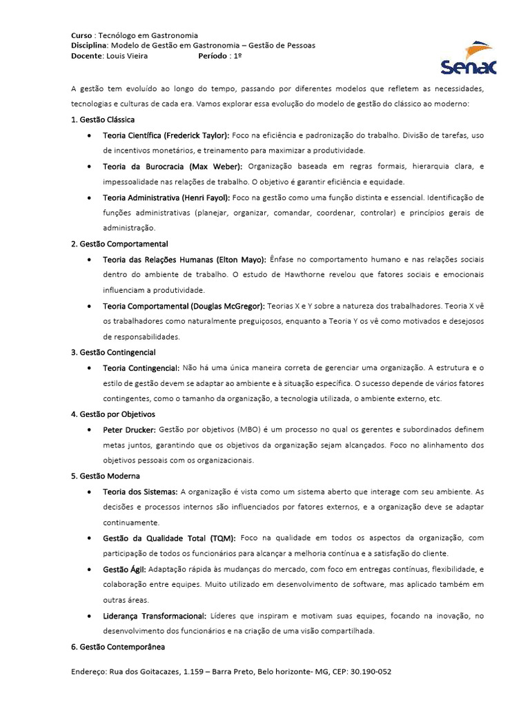 Aula 3 - Modelo de GestÃ o Clã¡ssico Ao Moderno | PDF