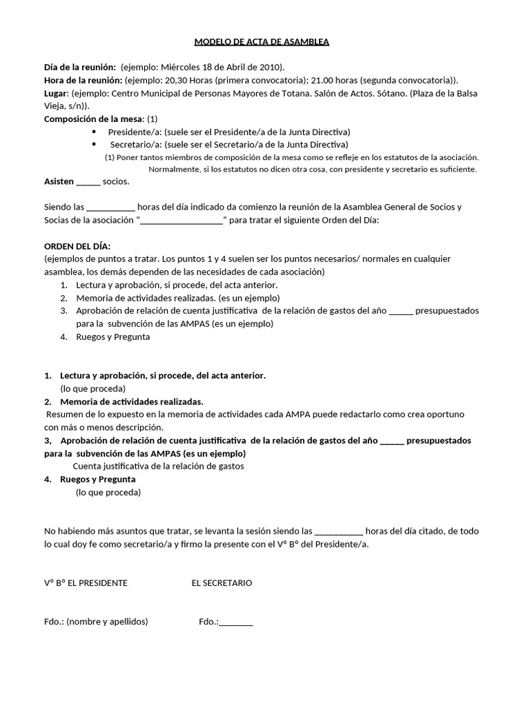 Modelo Acta de Asamblea | PDF