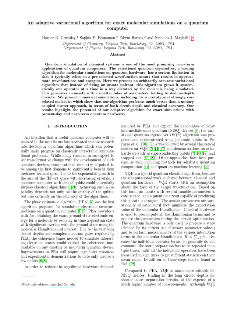 An Adaptive Variational Algorithm For Exact Molecular Simulations On A Quantum Computer | PDF