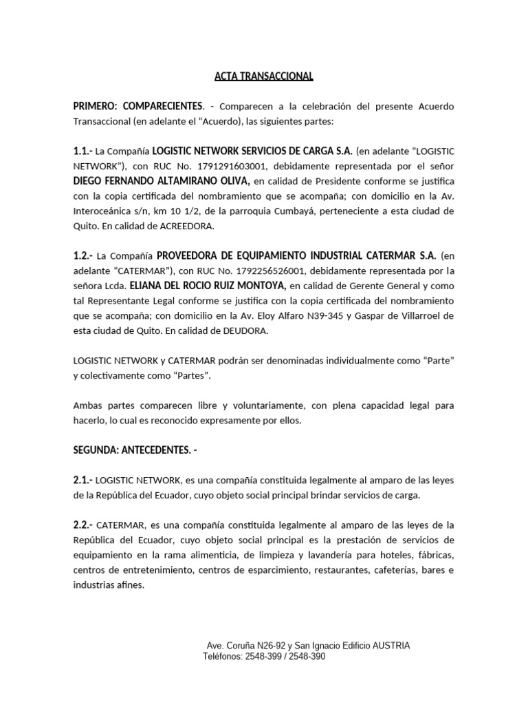 Acta Transaccional Modelo | PDF