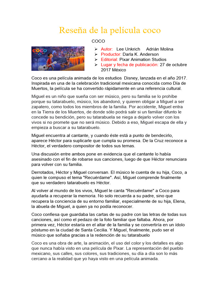 Resena de La Pelicula Coco | PDF