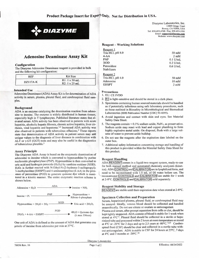 DIAZYME Marka ADA Testi Reaktif Kiti Bilgileri | PDF