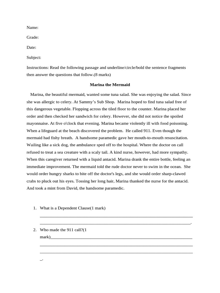 Marina The Mermaid Sentence Fragment Worksheet | PDF