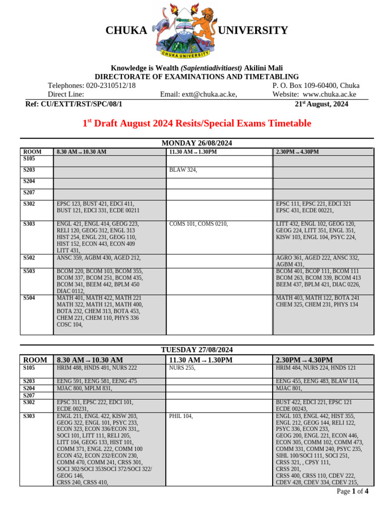 1st Draft August 2024 Resits Timetable | PDF