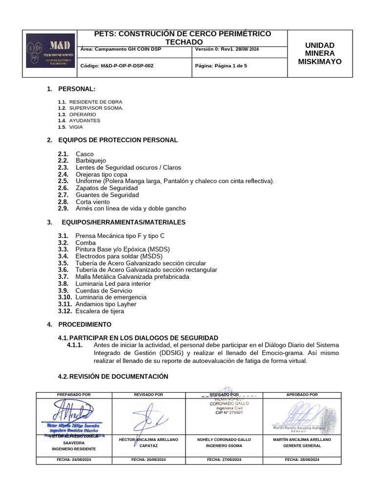 M&D - P-Op-P-Dsp.002 - Construcción de Cerco Perimétrico Techado | PDF