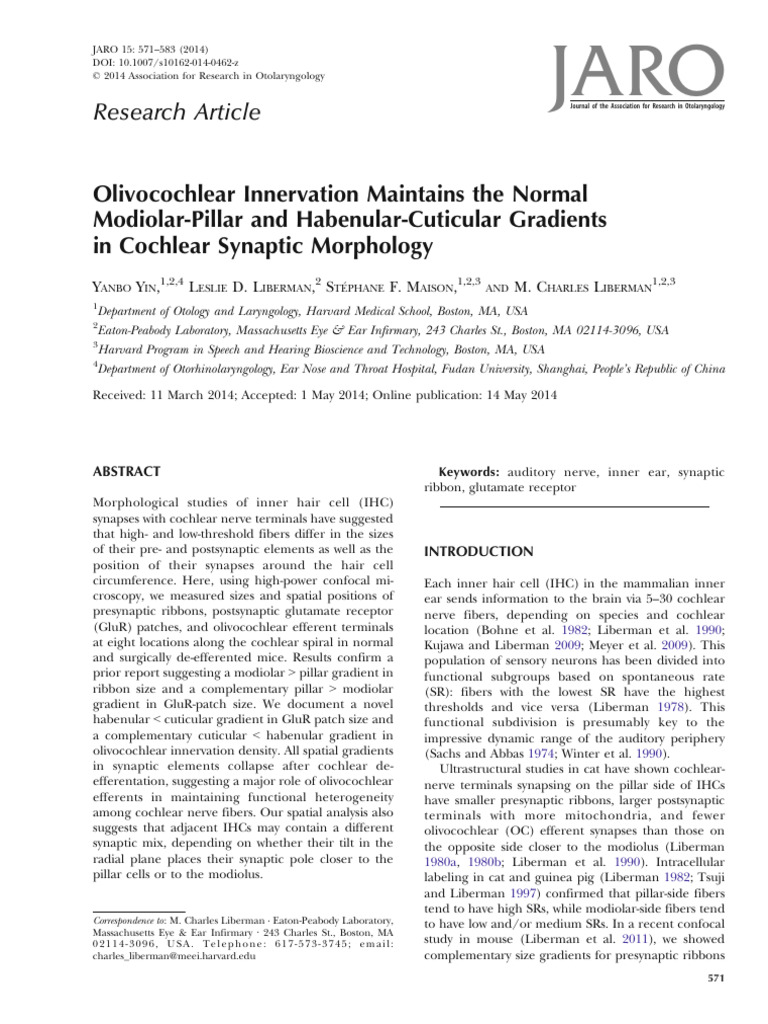 Olivocochlear Innervation Maintains The Normal Modiolar-Pillar and ...