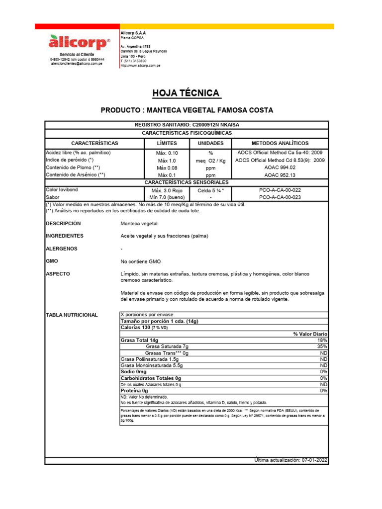 Ficha Técnica - MANTECA | PDF
