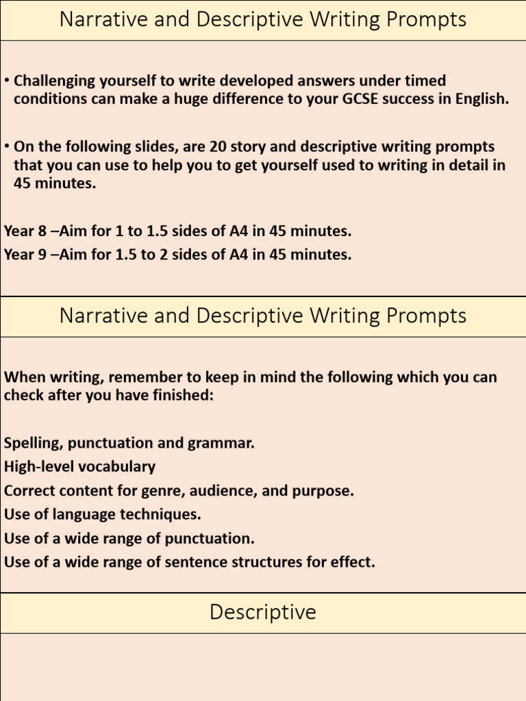 Y8 English Narrative and Descriptive Writing Prompts | PDF