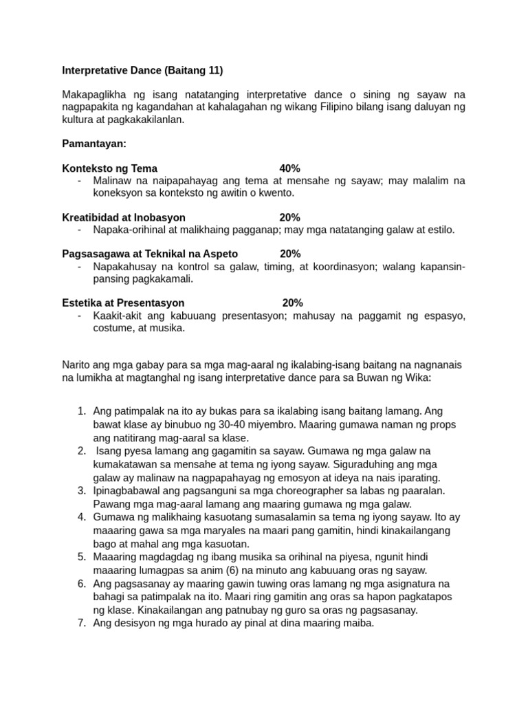 Pamantayan sa Interpretative Dance Baitang 11 | PDF