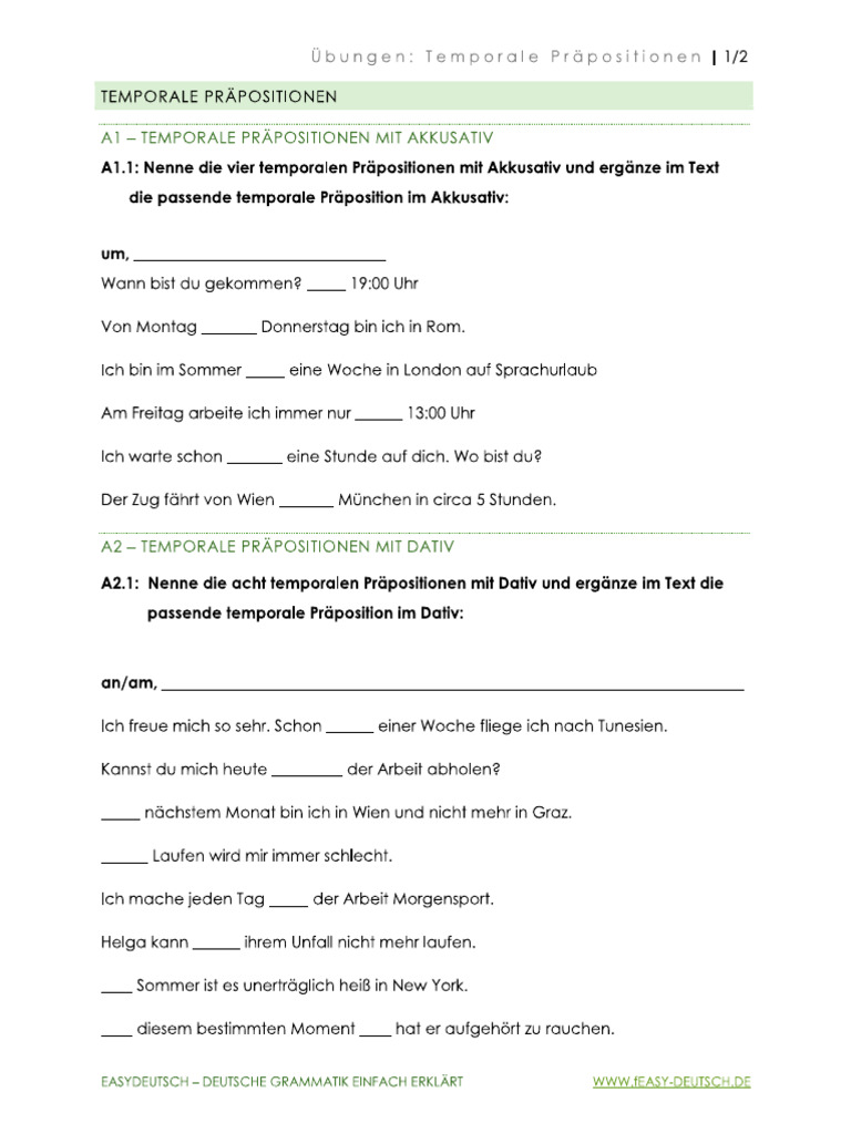 Temporal Prepositions Exercise | PDF