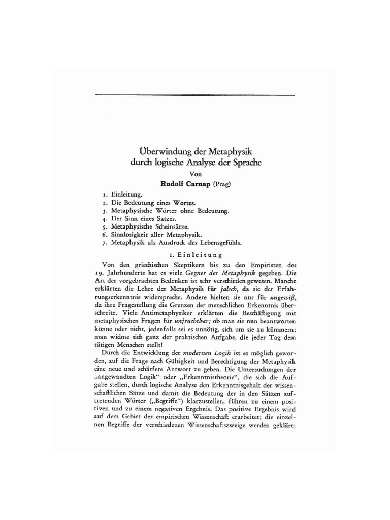 Rudolf Carnap Ueberwindung Der Metaphysik | PDF
