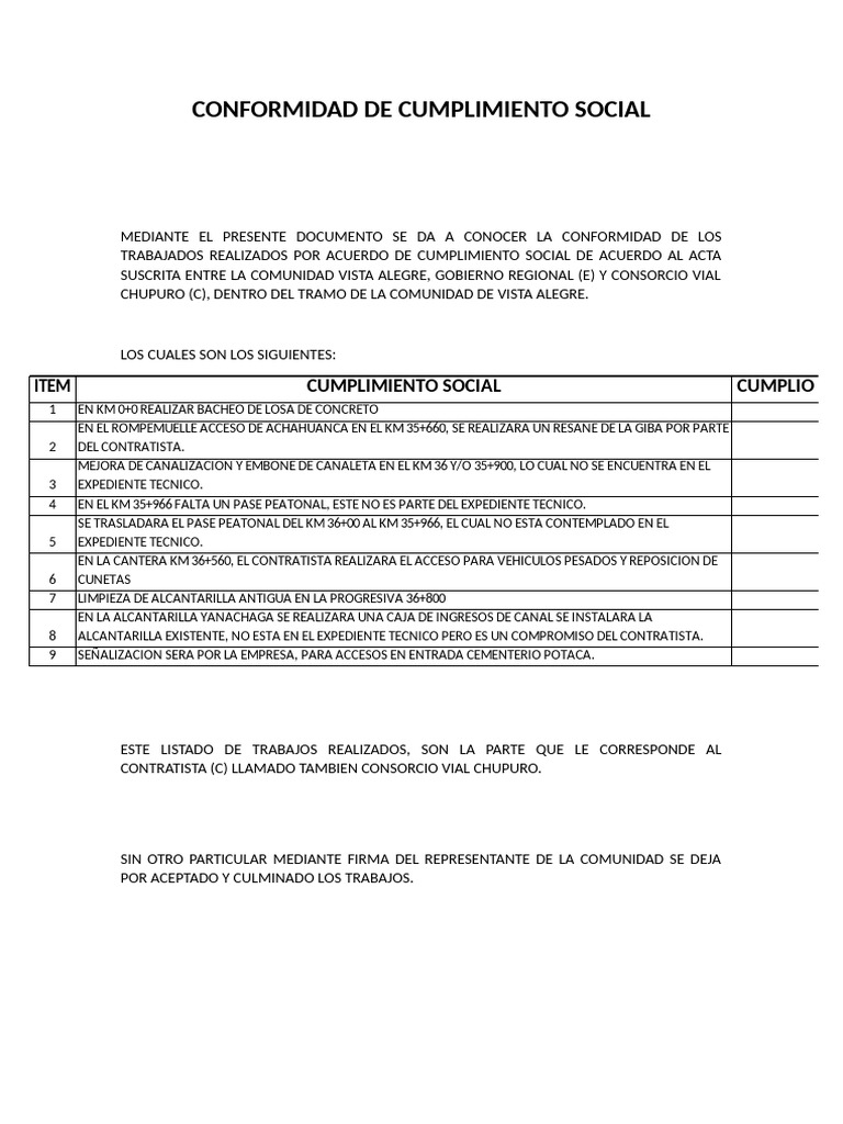 CONFORMIDAD DE CUMPLIMIENTO SOCIAL | PDF