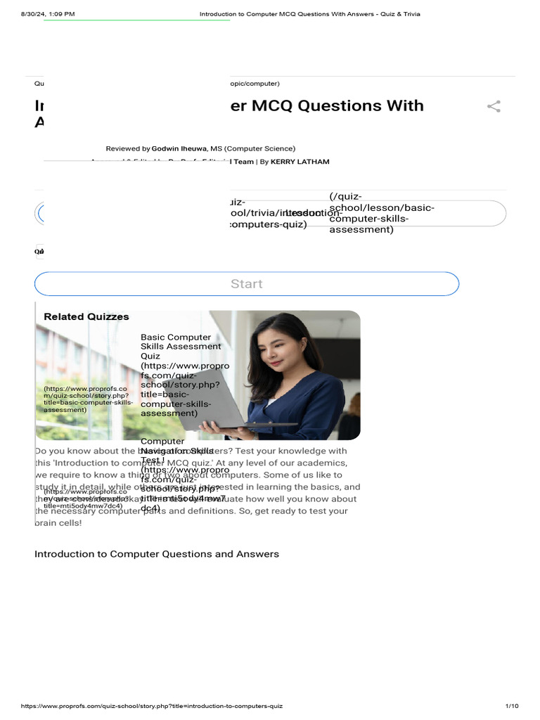 Introduction to Computer MCQ Questions With Answers - Quiz & Trivia | PDF