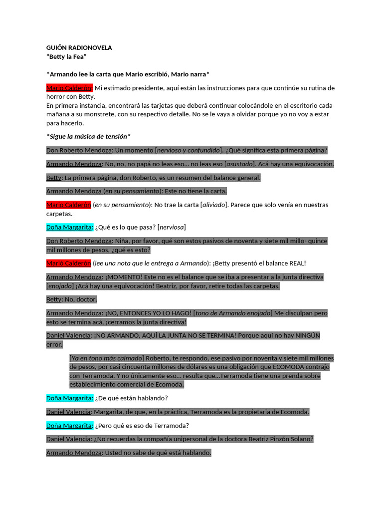 GUIÓN RADIONOVELA - JUNTA BETTY LA FEA | PDF