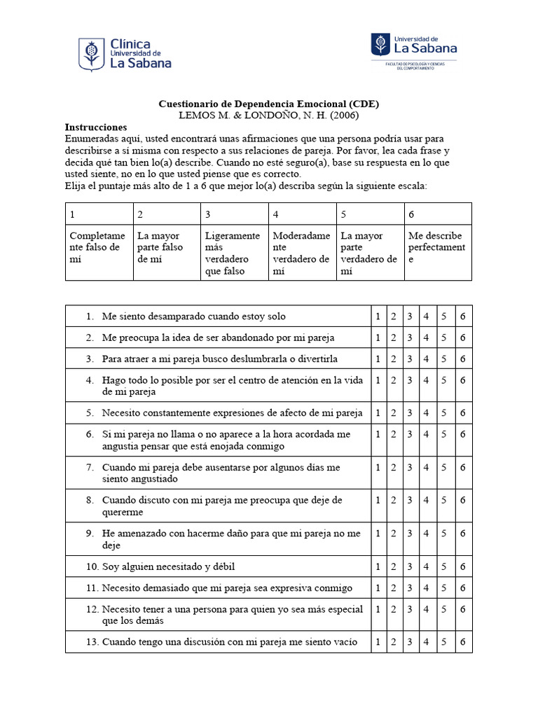Cuestionario de Dependencia Emocional (CDE) | PDF