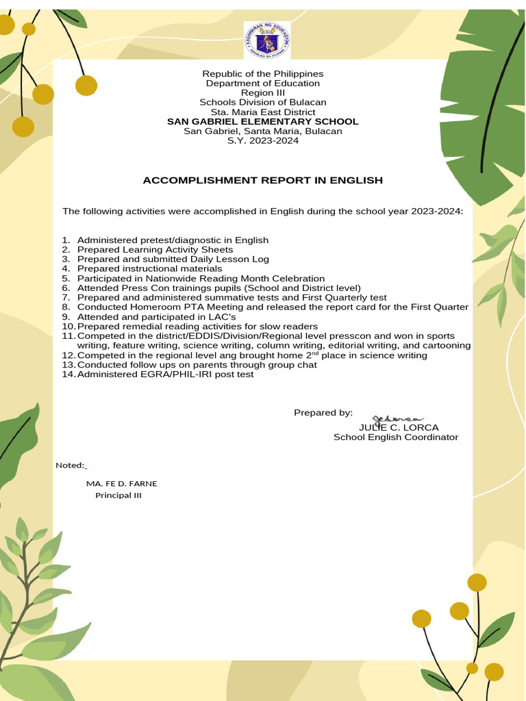 Accomplishment Report in English 2023-2024 | PDF | Wellness