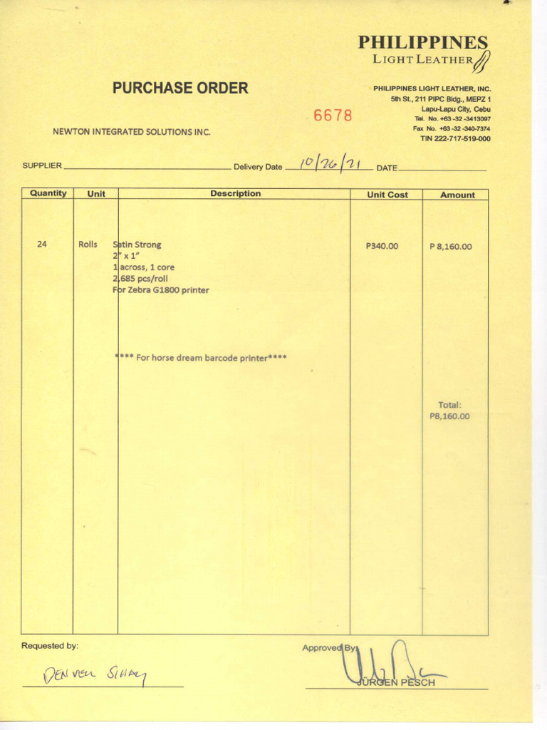 PO 6678 - Newton Barcode Labels For Manual Measuring Machine | PDF