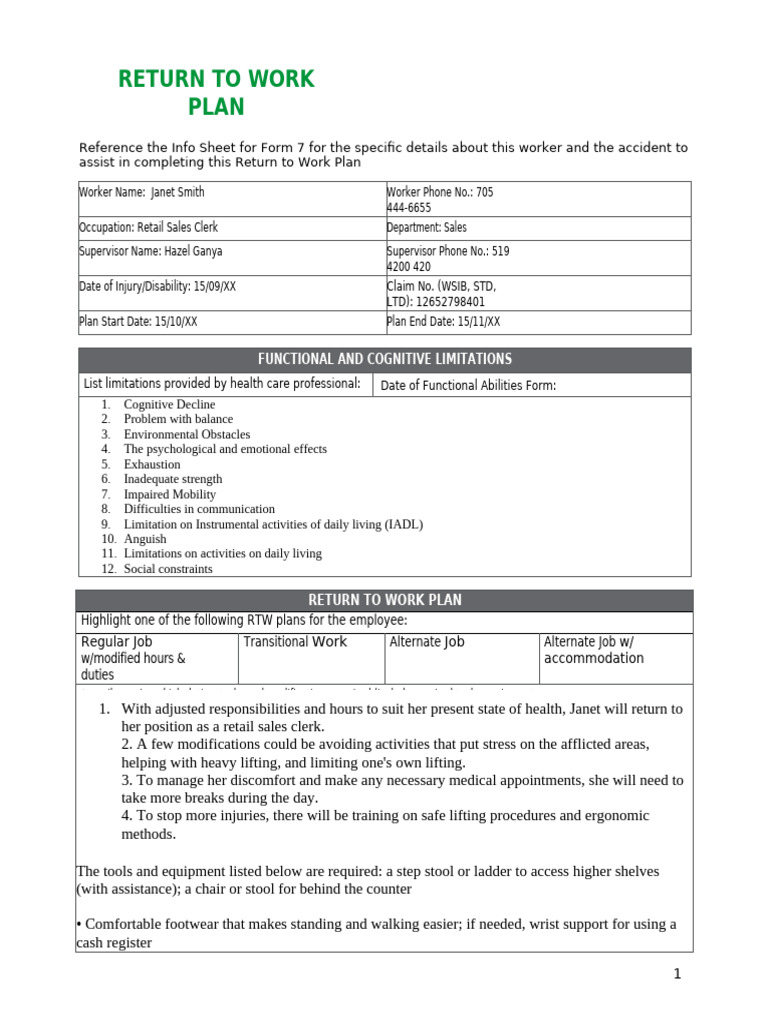 Assignment N3 - Return To Work Package - RTW Plan J Progress and ...