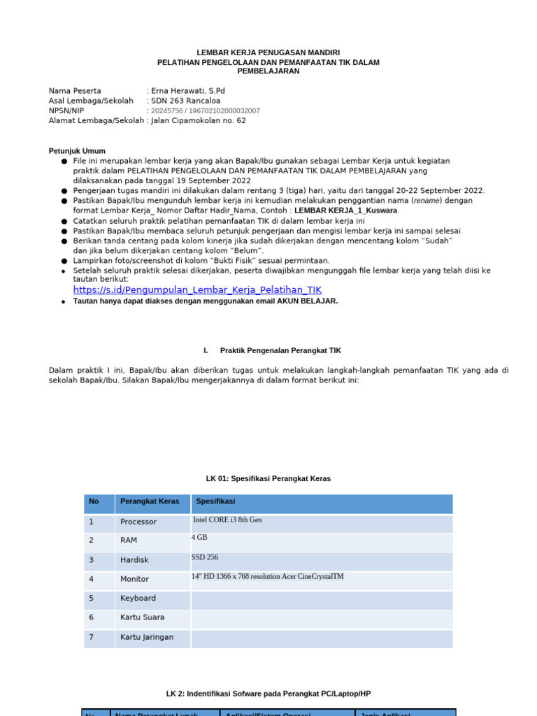 Lembar Kerja Pelatihan Pemanfaatan Tik - Rev-1 | PDF