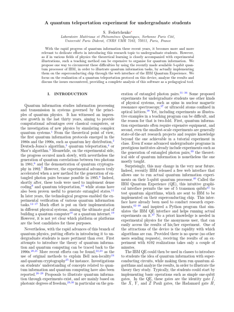 A Quantum Teleportation Experiment For Undergraduate Students | PDF