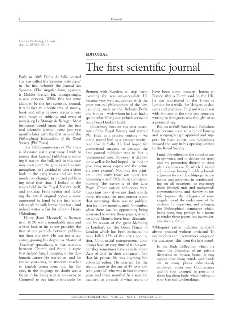 Learned Publishing - 2014 - SINGLETON - The First Scientific Journal | PDF