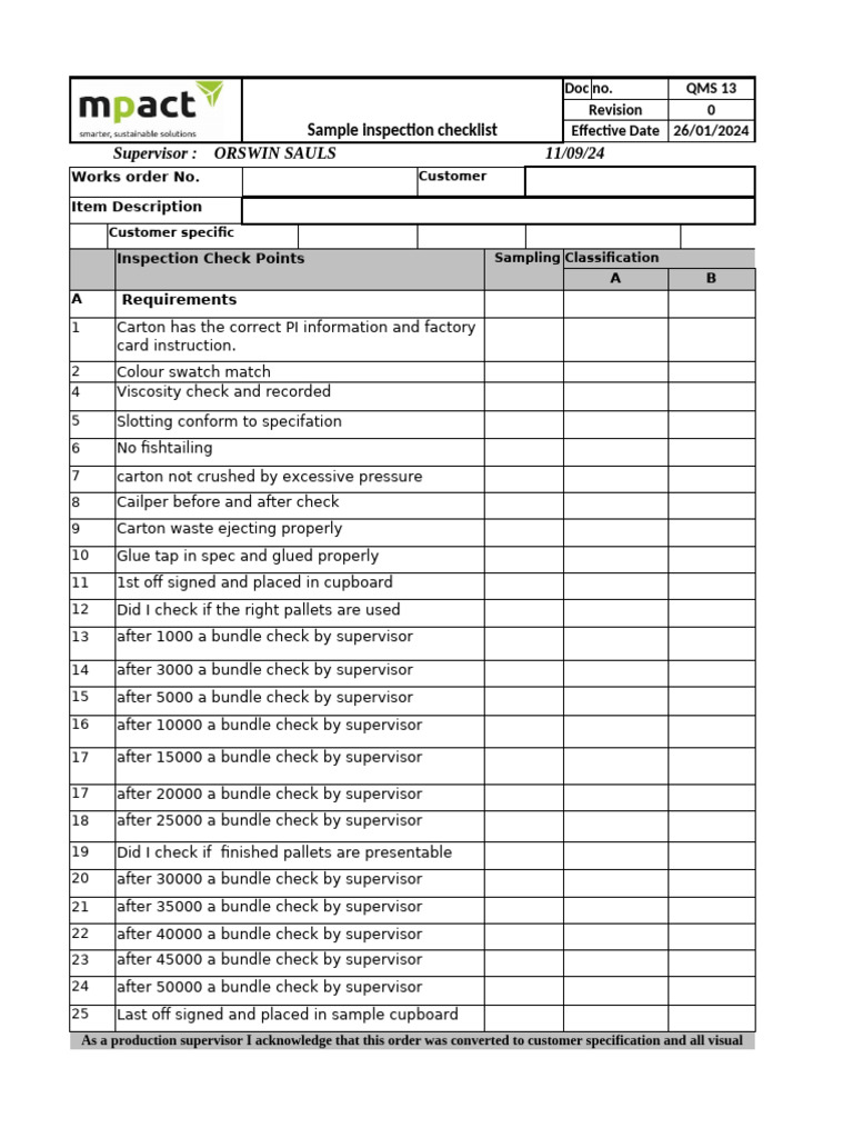 Sample - Inspection - Checklist - QMS 13 | PDF