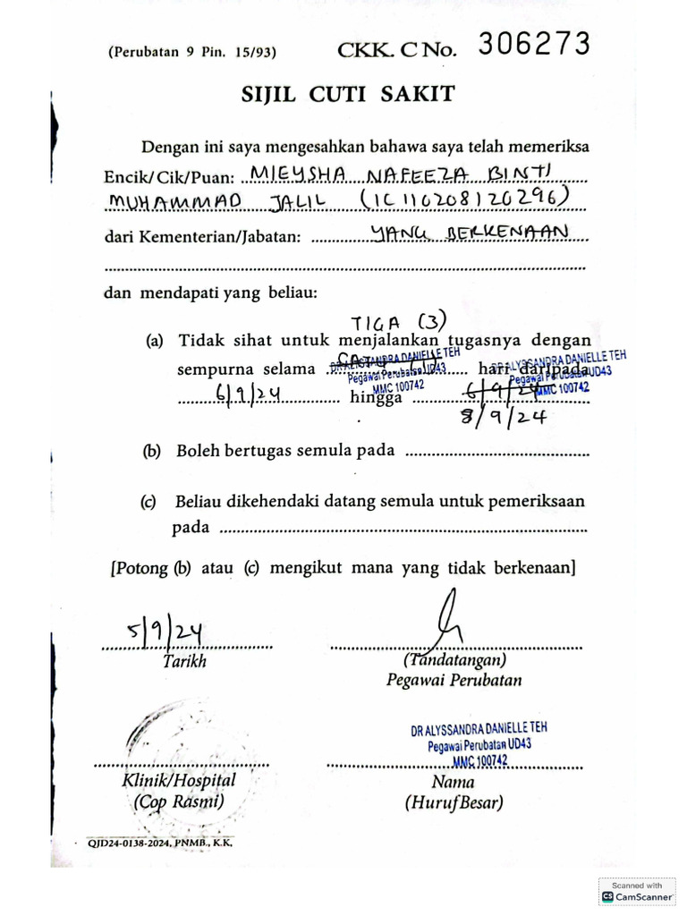 Surat Cuti Sakit Mieysha | PDF