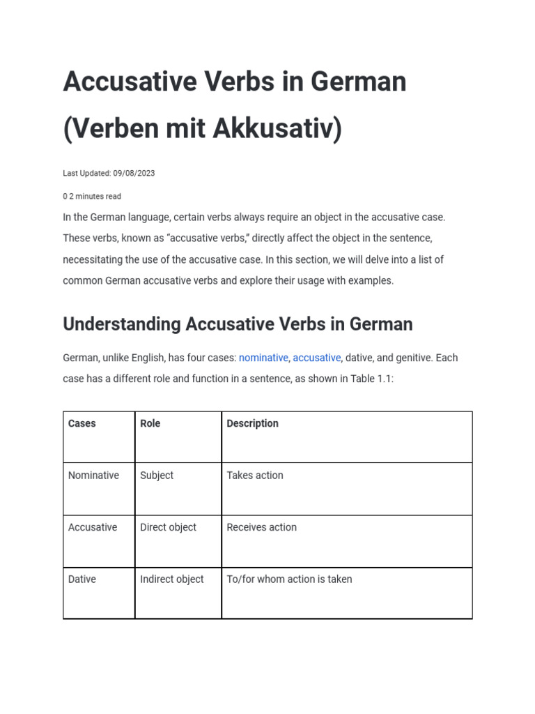 Accusative Verbs in German (Verben Mit Akkusativ) | PDF