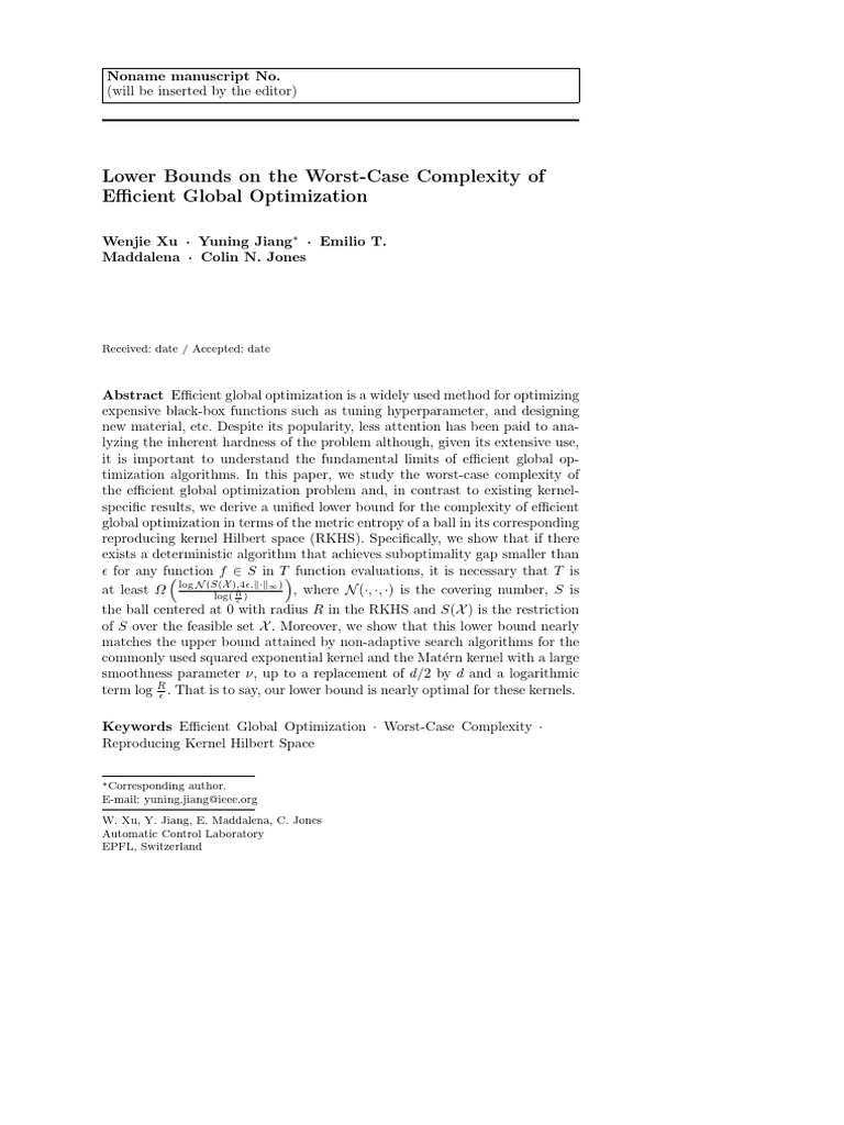 Lower Bounds On The Worst Case Complexity Of Efficient Global Optimization Pdf