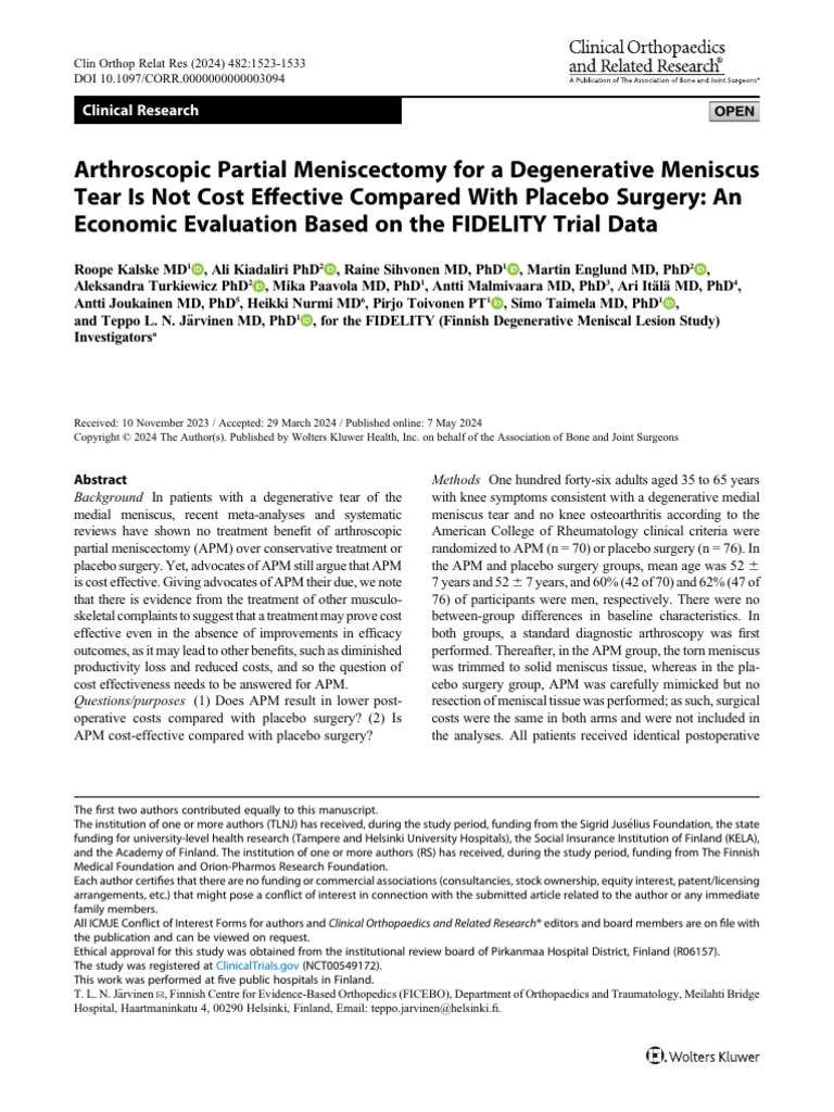 Arthroscopic Partial Meniscectomy For A.3 | PDF | Cost Effectiveness ...