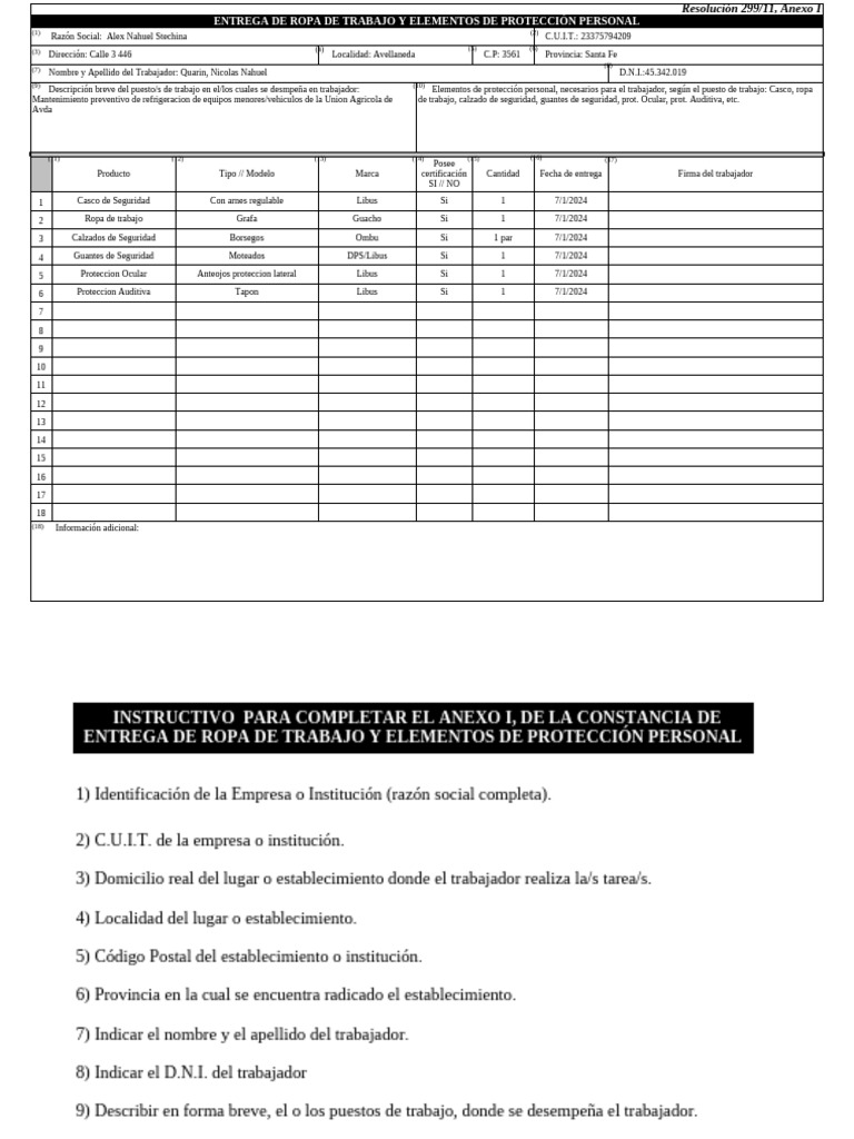 Resolucion 299-11 - Formulario Registro de EPP | PDF
