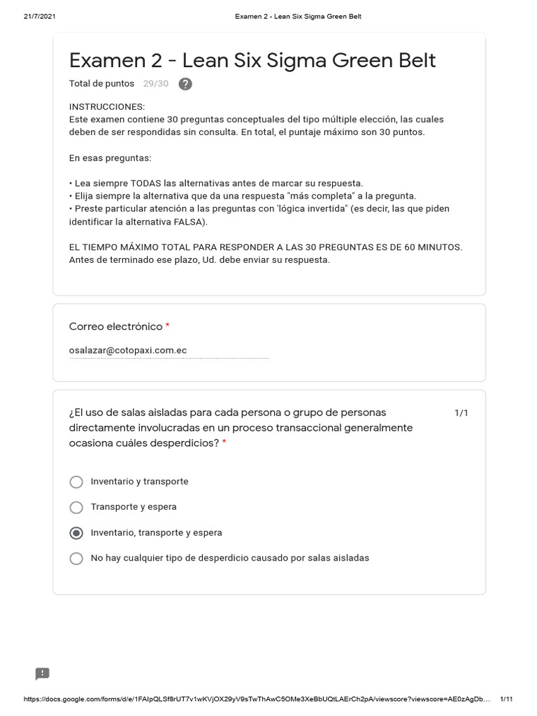 Examen 2 - Lean Six Sigma Green Belt RESUELTO | PDF