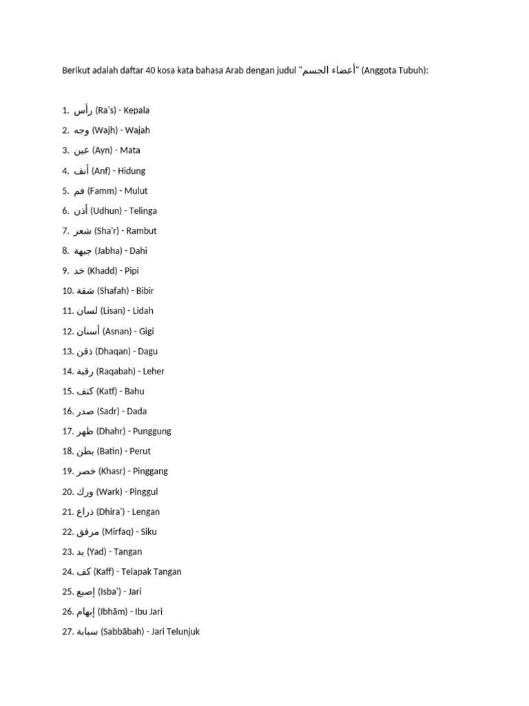 Berikut Adalah Daftar 40 Kosa Kata Bahasa Arab Dengan Judul | PDF