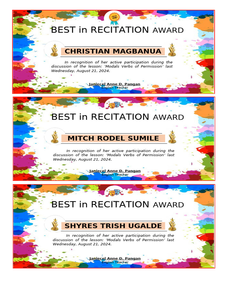 Best IN RECITATION Award Certificate | PDF