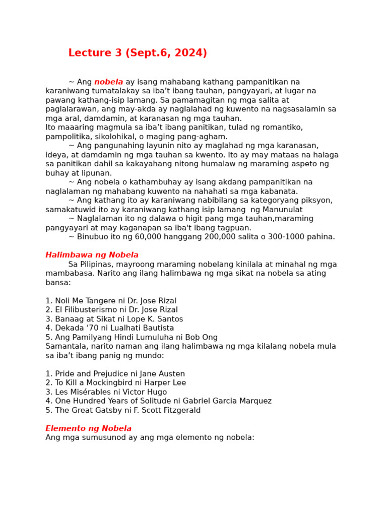 Nobela at Elemento Nito Lecture 3 | PDF