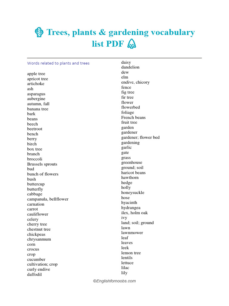 Trees Plants Gardening Vocabulary List | PDF