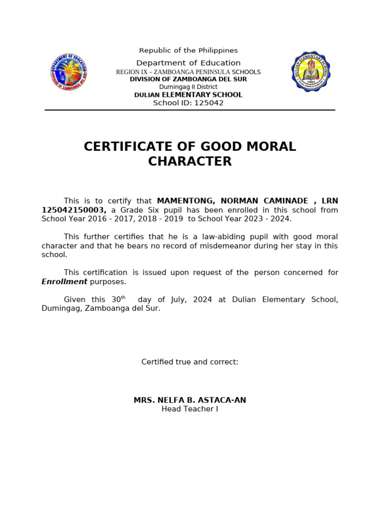 Certification of Good Moral | PDF