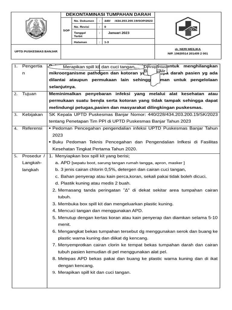 Sop Dekontaminasi Tumpahan Darah | PDF
