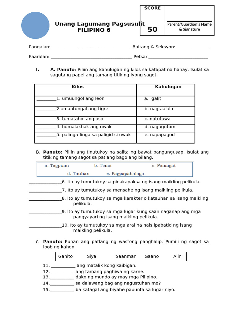1st Periodical Test Grade 6 Filipino | PDF