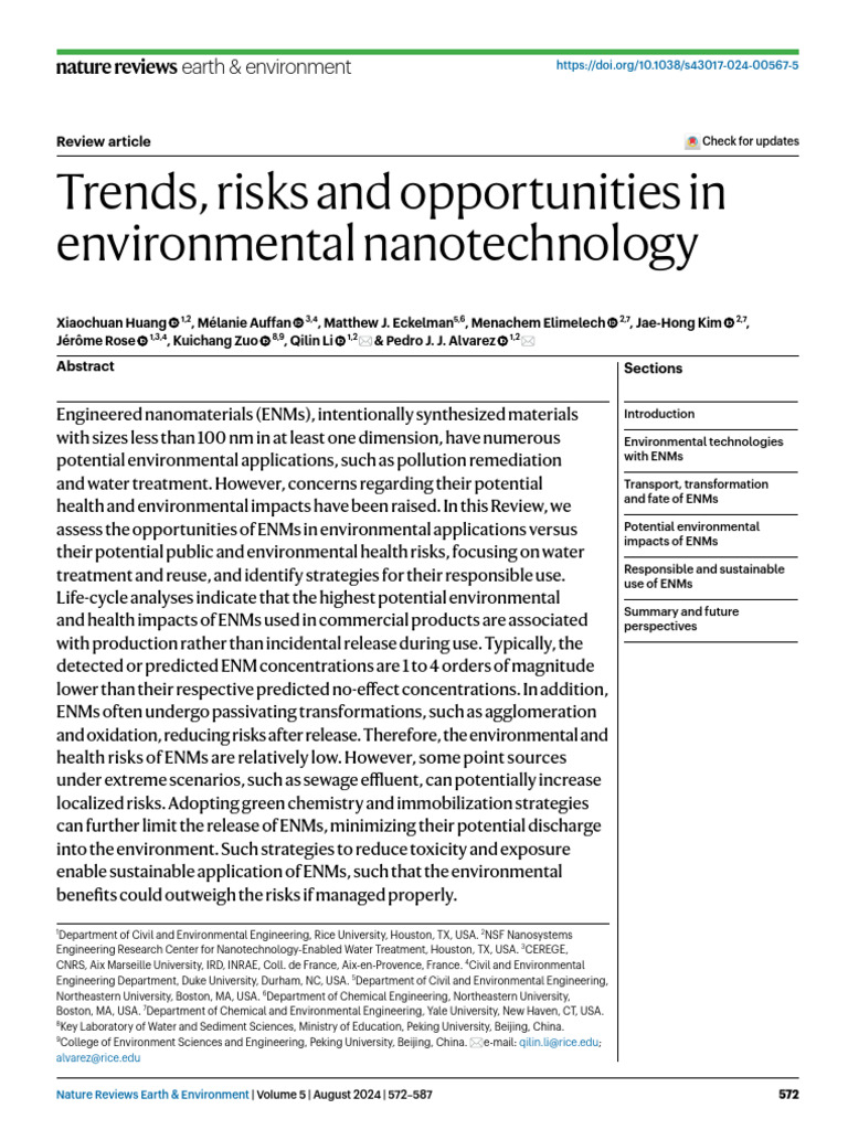 Trends, Risks and Opportunities in Environmental Nanotechnology | PDF