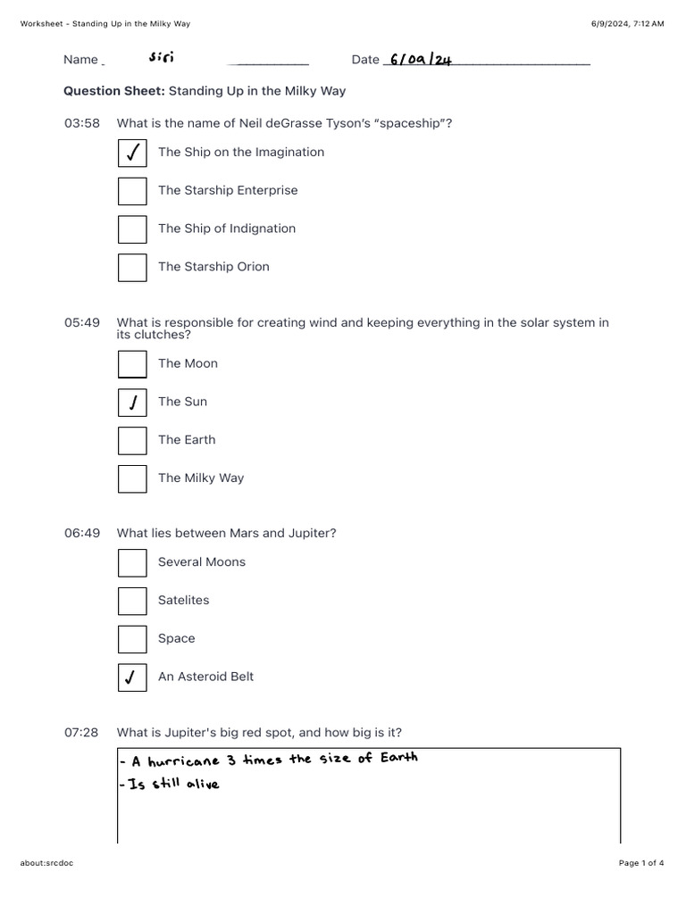 Worksheet - Standing Up in The Milky Way | PDF