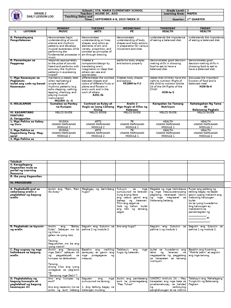 Q1 W2 DLL Mapeh | PDF