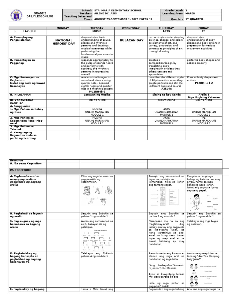 Q1 W1 DLL Mapeh | PDF