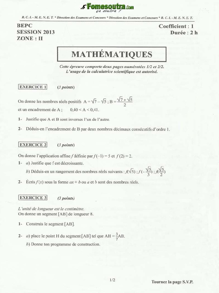 Sujet Maths Bepc Zone 2 2013 | PDF