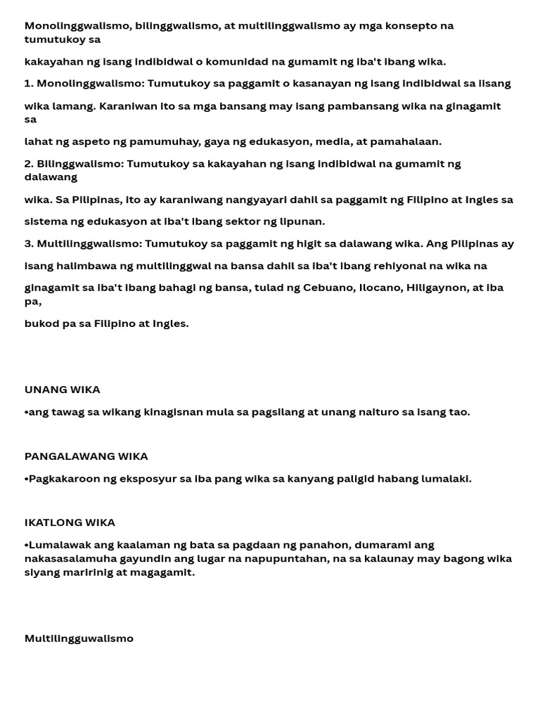 Monolinggwalismo, Bilinggwalismo, at Multilinggwalismo Ay Mga Konsepto ...