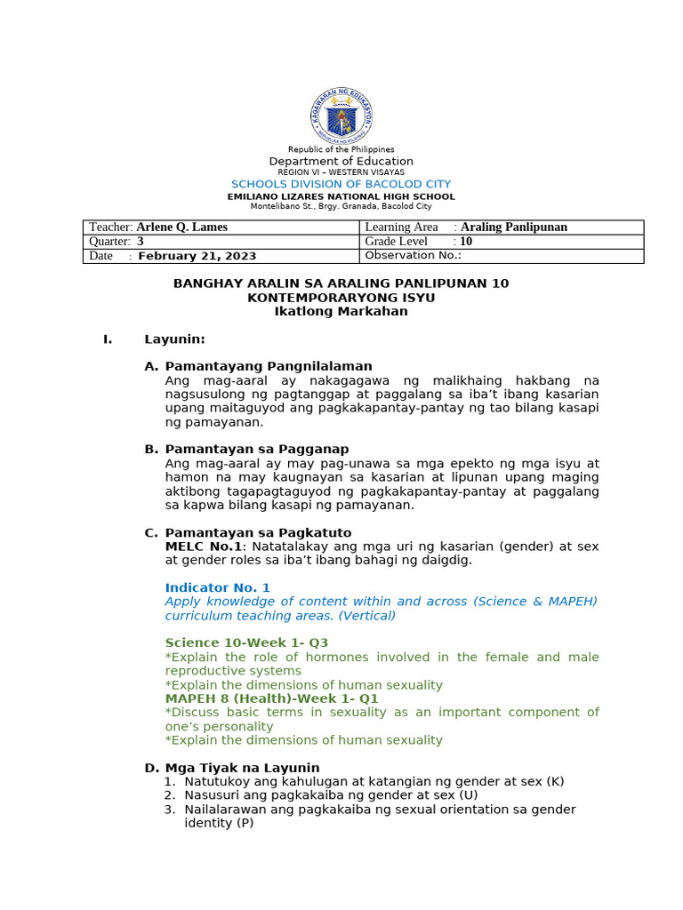 Sample - Banghay Aralin Sa Ap 10 Uri NG Kasarian Sa Ibat Ibang Lipunan 1 | PDF