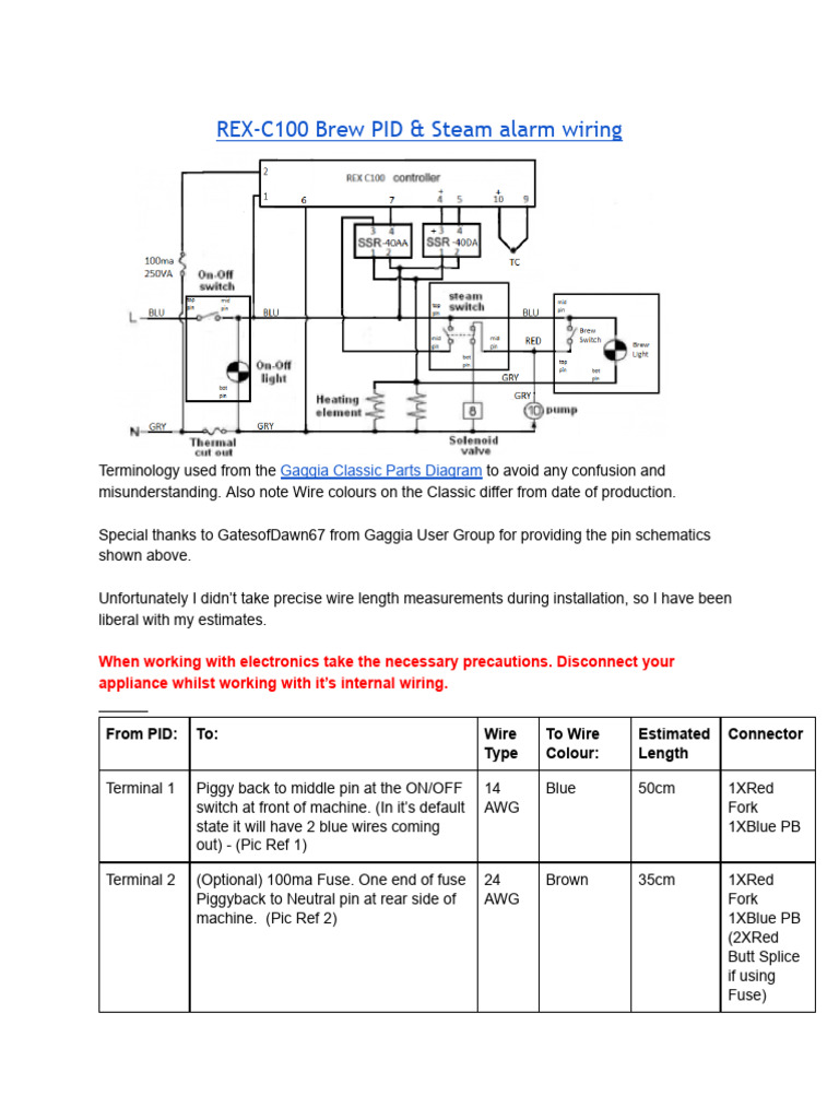 Gaggia Classic REX-C100 Brew PID & Steam Alarm Wiring | PDF