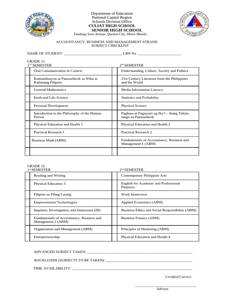 ABM Subject Checklist | PDF