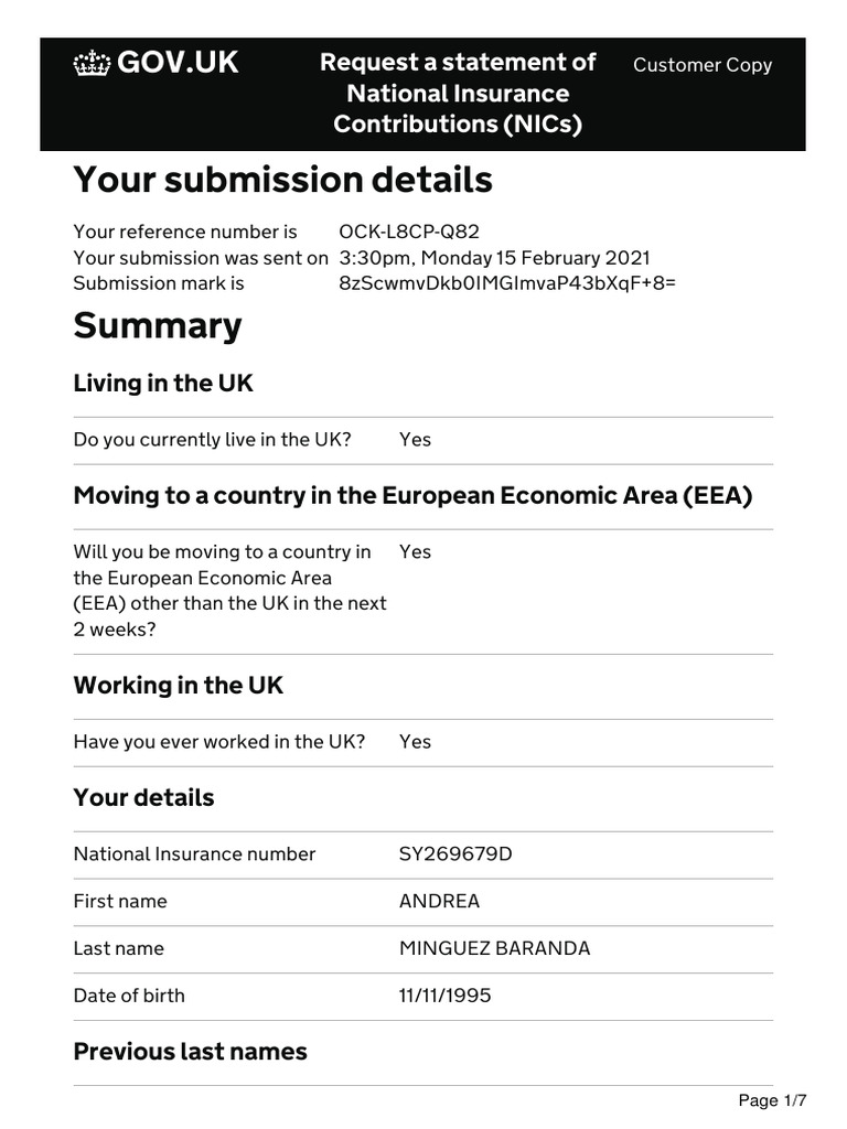 HMRC Statement of NICs OCK L8CP Q82 | PDF