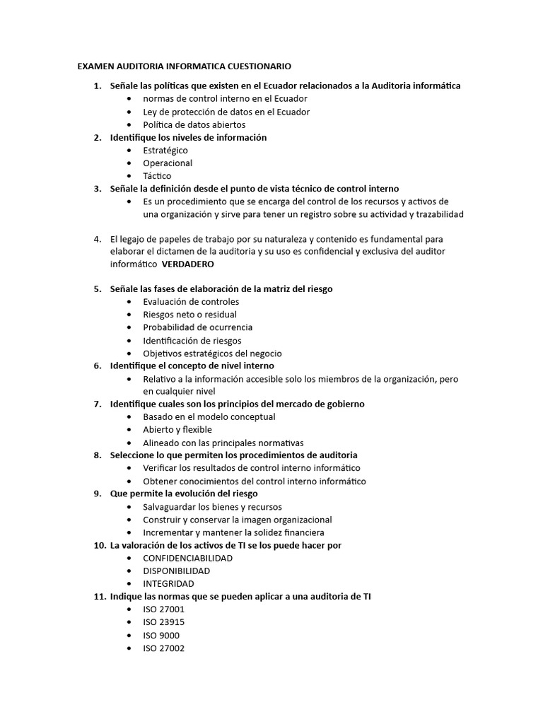 Examen Auditoria Informatica Cuestionario | PDF